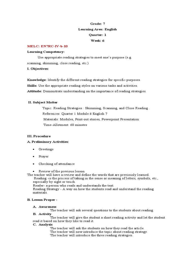 Lesson Plan in English For Grade 7 | PDF
