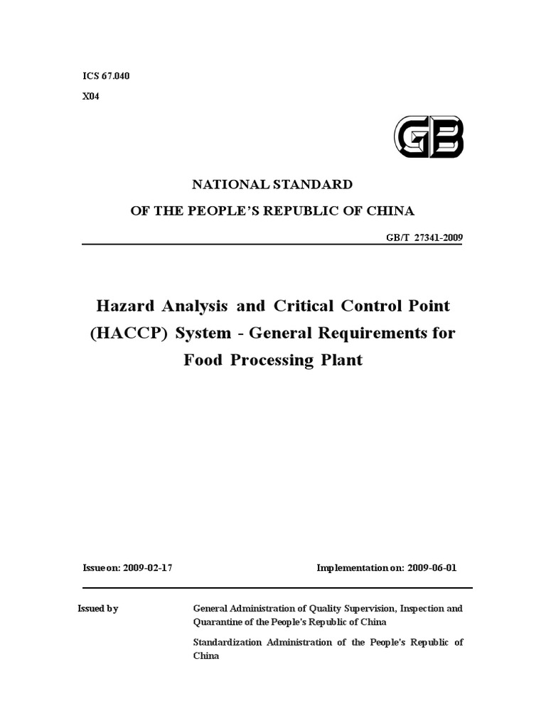 China GB-T 27341-2009 Hazard Analysis and Critica-Control Point (HACCP ...