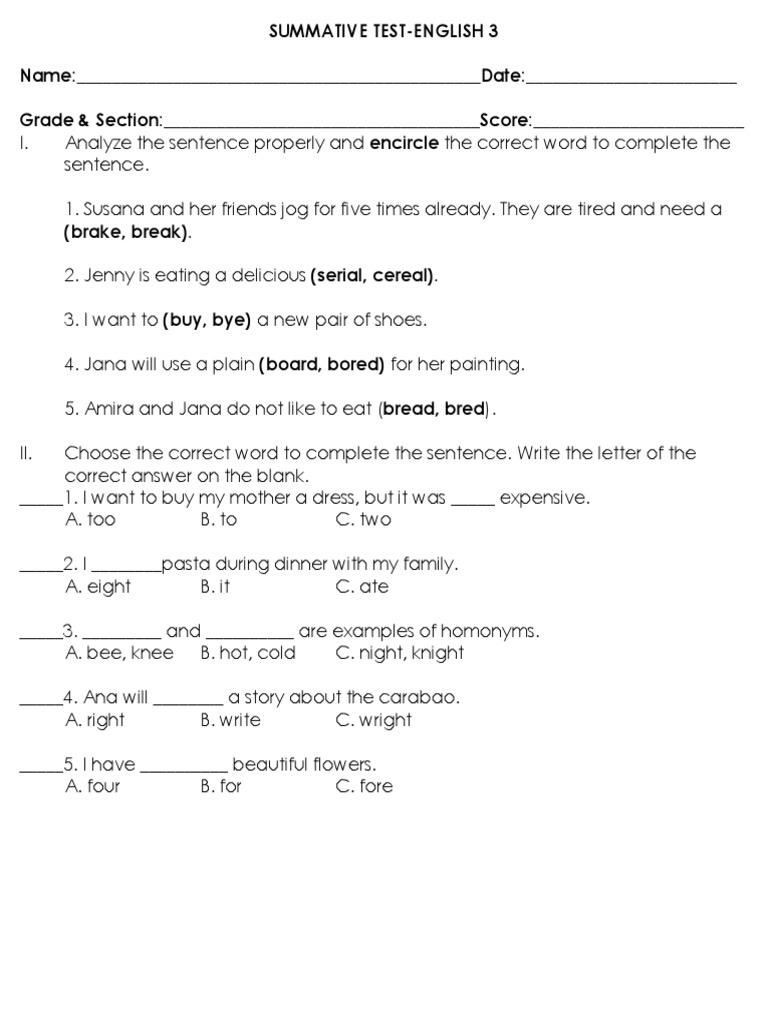 English 3 Summative Test Worksheet | PDF | Language Arts & Discipline