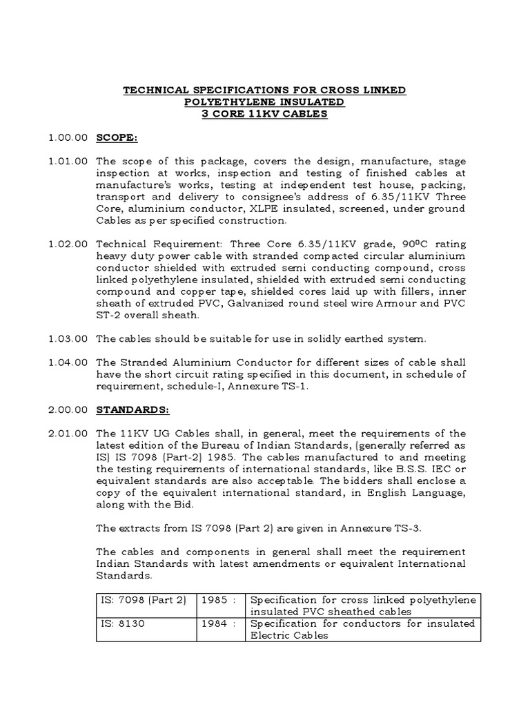 11KV Underground Cable Specifications | PDF | Insulator (Electricity ...