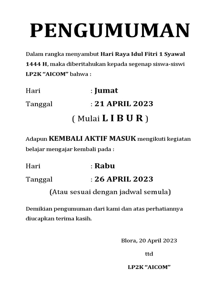 PENGUMUMAN LIBUR LEBARAN | PDF