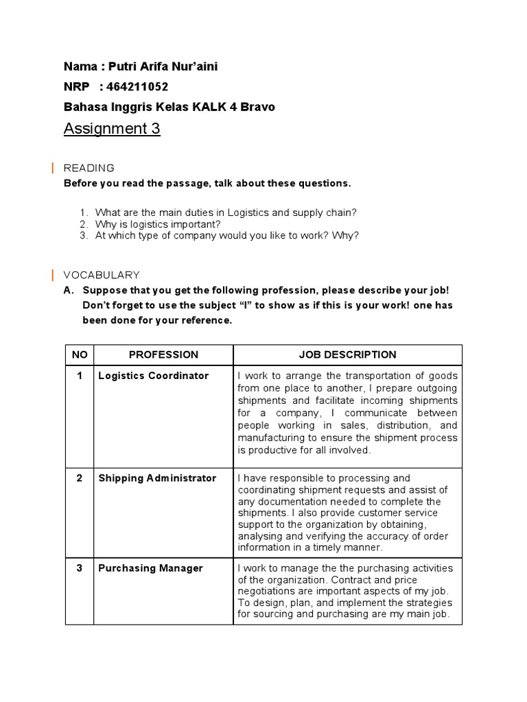 Assignment 3_Putri Arifa Nur'Aini_464211052 | PDF | Supply Chain ...