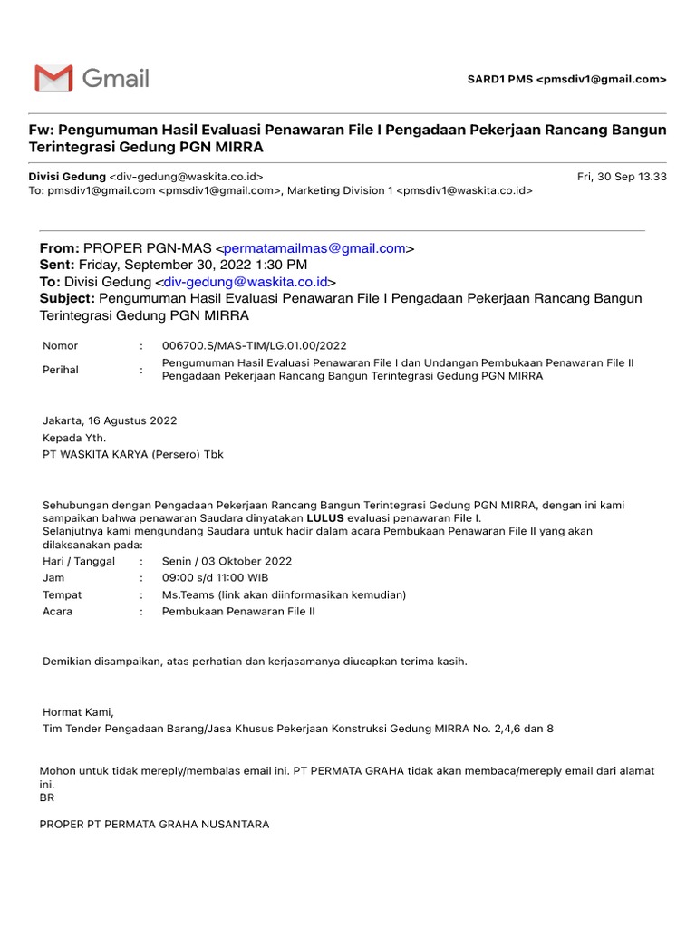 FW Pengumuman Hasil Evaluasi Penawaran File I Pengadaan Pekerjaan ...