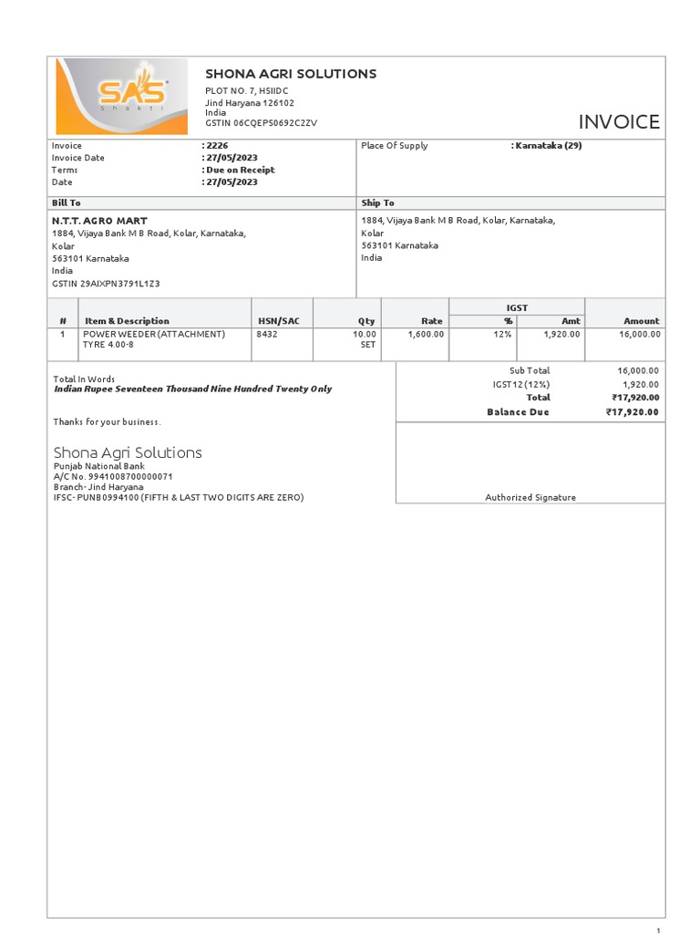 Invoice for Power Weeder Purchase | PDF