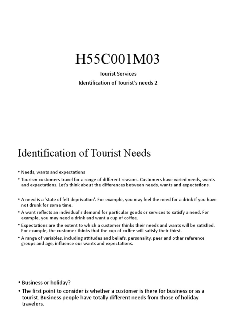 H55C001M03 Lesson 2 Tourist Needs | PDF | Tourism | Resort