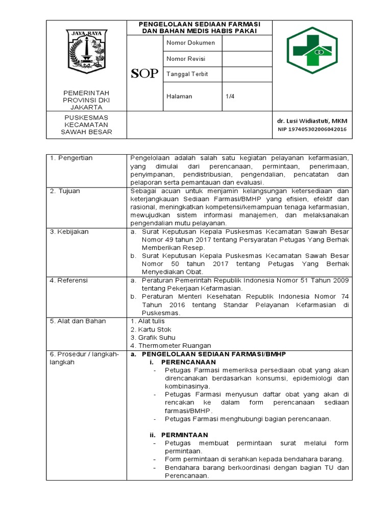 (Rizky) Sop Pengelolaan Sediaan Farmasi Dan BMHP | PDF | Sains & Matematika