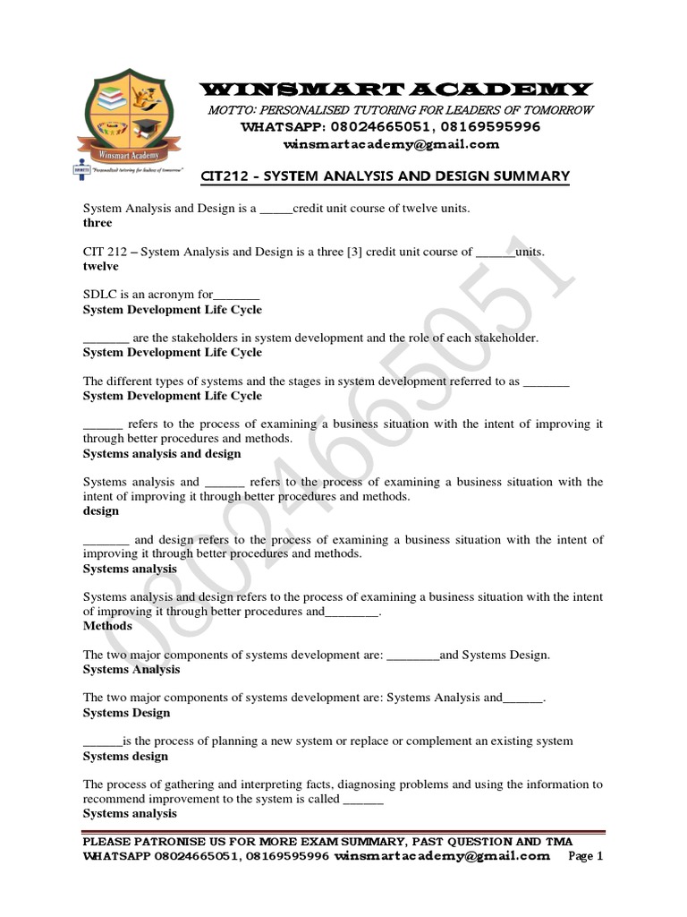 CIT212 System Analysis and Design Overview | PDF