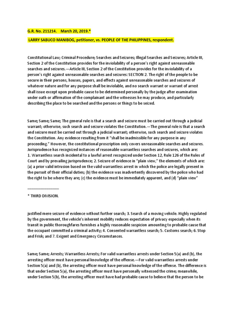 Manibog v. People: Warrantless Searches | PDF