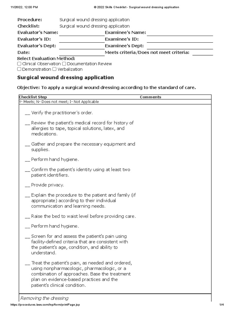 ©️ 2022 Skills Checklist - Surgical wound dressing application | PDF ...