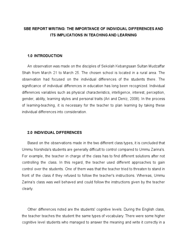 Sbe Report Writing - The Importance of Individual Differences and Its ...