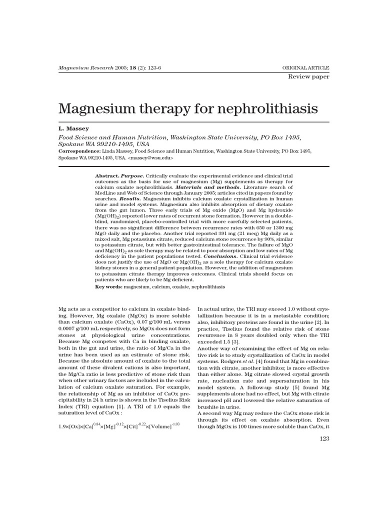 Magnesium Therapy For Nephrolithiasis | PDF | Magnesium | Chemistry