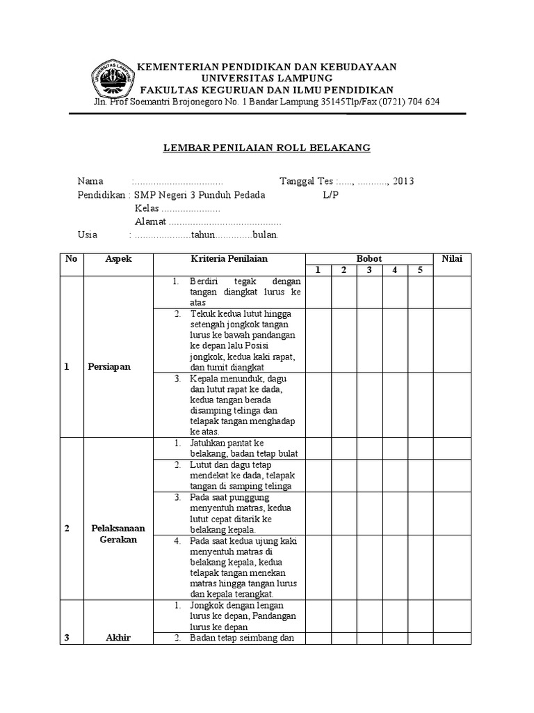 Lembar Penilaian Roll Belakang | PDF