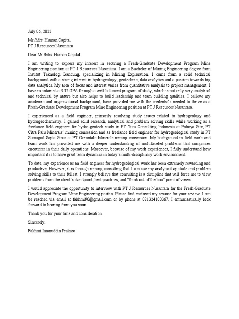 Cover Letter - Fakhmi Imanuddin P | PDF | Engineer | Mining