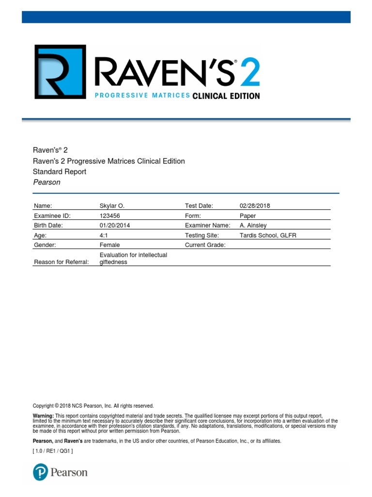 Ravens 2 Sample Score Report Paper Form | PDF | Cognition | Cognitive ...