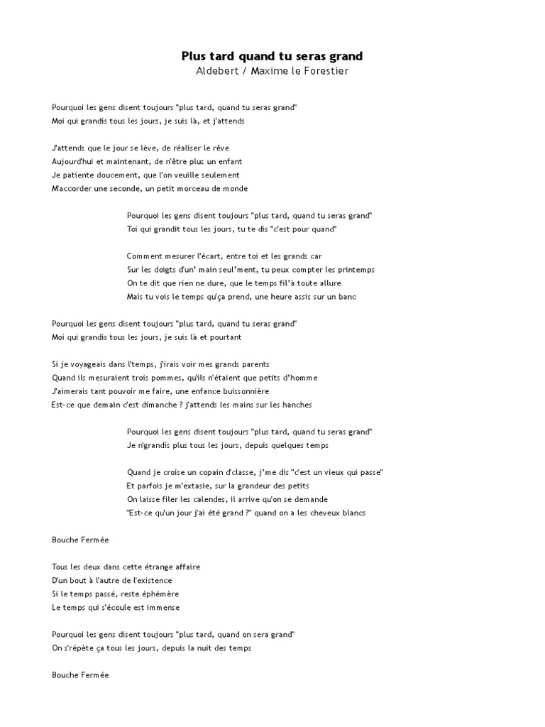Aldebert - Plus Tard Quant Tu Seras Grand - Paroles | PDF