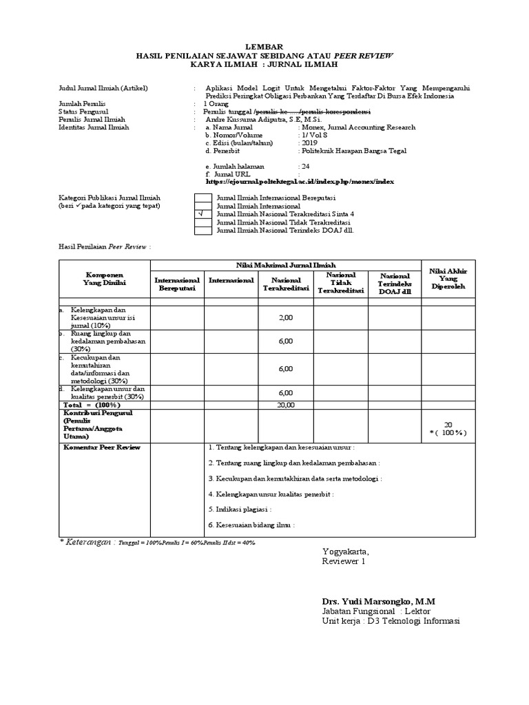 LEMBAR Peer Reviewer Jurnal Ilmiah Andre Monex | PDF