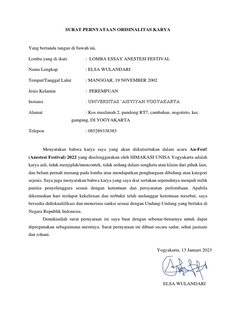 Surat Orisinalitas Karya Elsa Wulandari | PDF