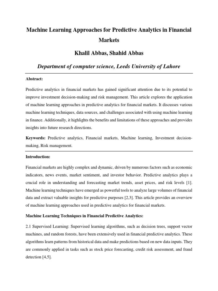 Machine Learning Approaches For Predictive Analytics in Financial Markets Khalil Abbas, Shahid ...