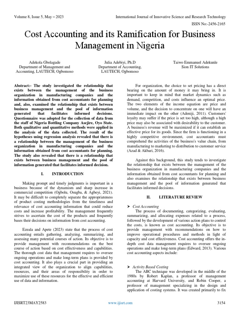 Cost Accounting and Its Ramification For Business Management in Nigeria | PDF | Coefficient Of ...