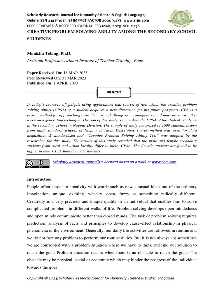 Creative Problem Solving Ability Among The Secondary School Students | PDF
