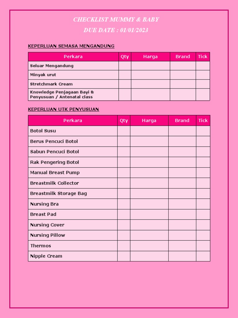 CHECKLIST MUMMY BABY | PDF