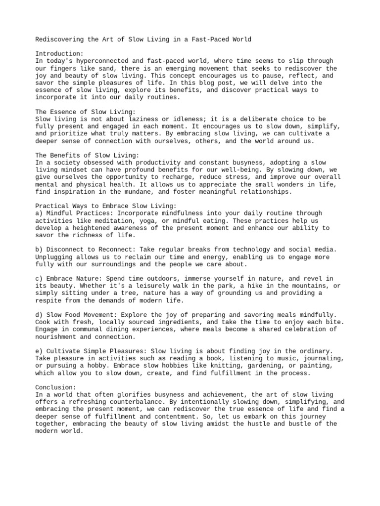 Rediscovering The Art of Slow Living in A Fast-Paced World | PDF