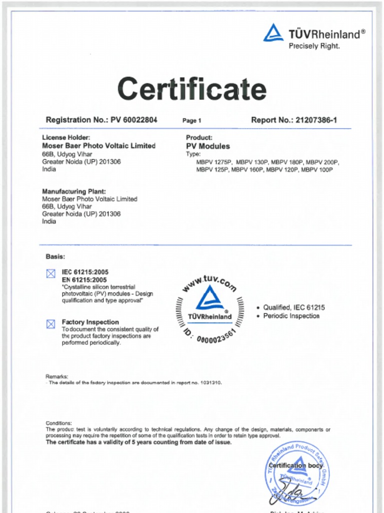 IEC Certificate PV 60022804 - 61215 | PDF