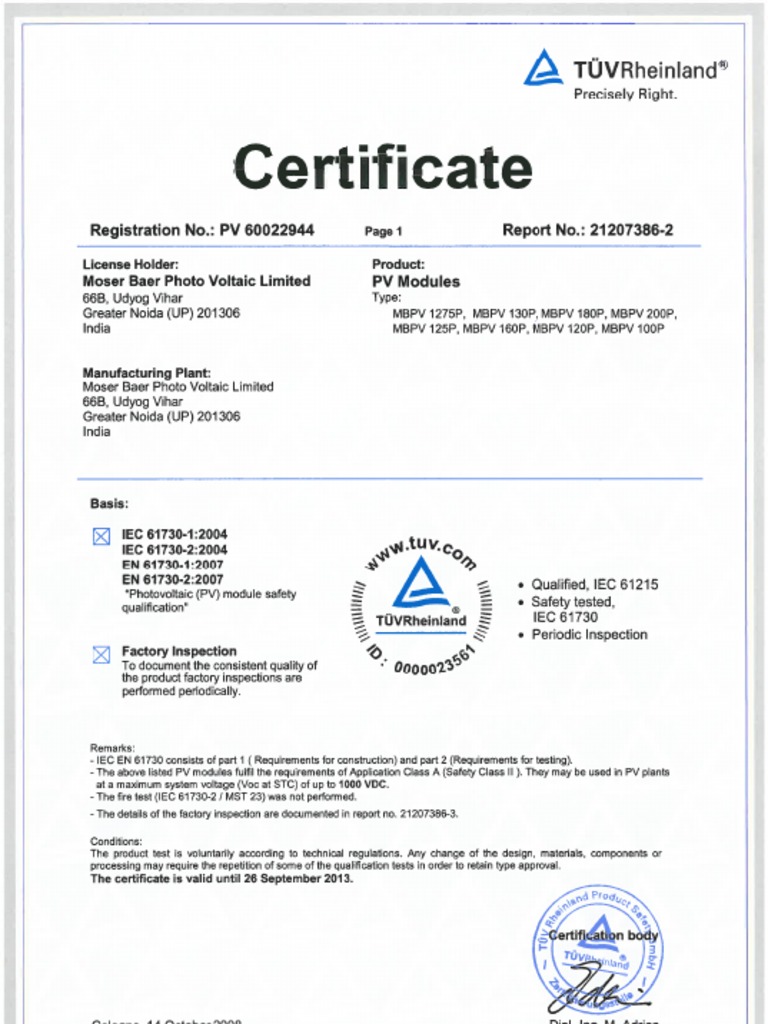 IEC Certificate PV 60022944 - 61730 | PDF