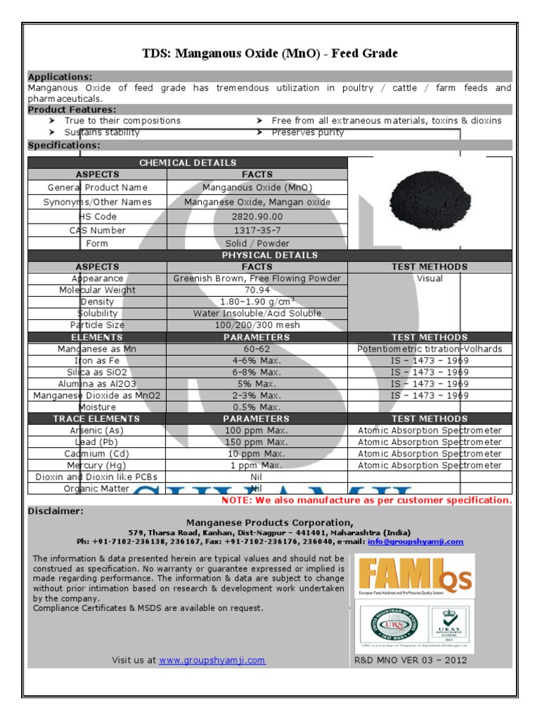 Manganous Oxide (MnO) Feed Grade TDS | PDF | Manganese | Silicon Dioxide