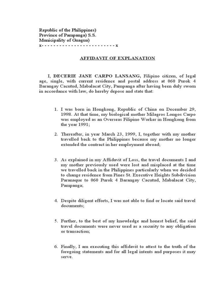 Affidavit of Explanation - Jane Lansang | PDF | Affidavit | Civil Law ...
