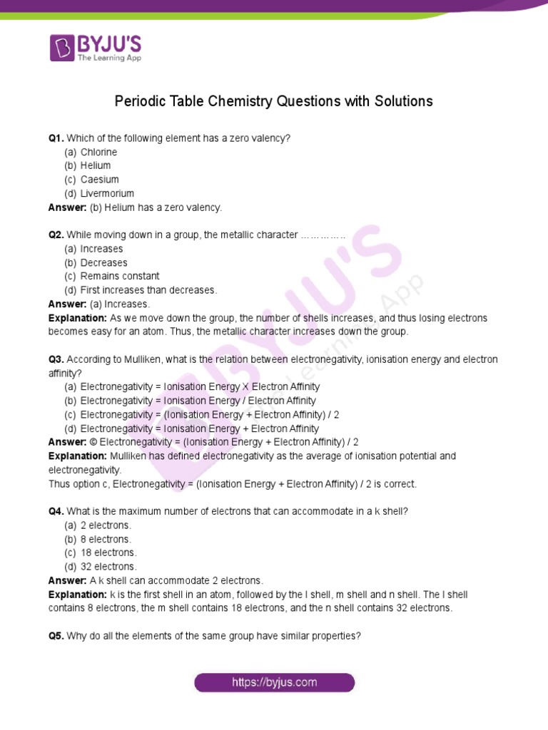 Periodic Table Questions | PDF