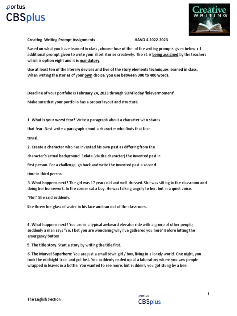 Creating Writing Prompt Assignments HAVO 4 2022 - 2023 | PDF