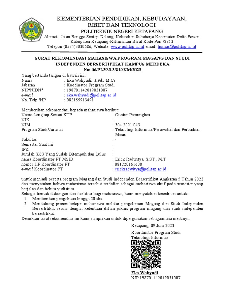 (Format) Surat Rekomendasi PT Untuk Mahasiswa Program MSIB Angkatan 5 ...