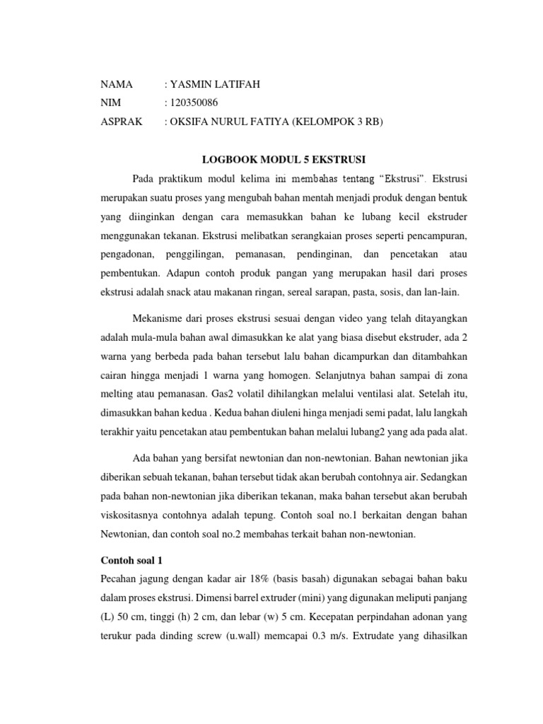 Logbook Praktikum SATOP Modul Ekstrusi | PDF