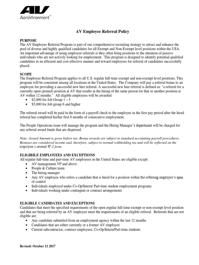 AV Employee Referral Policy | PDF | Recruitment | Employment