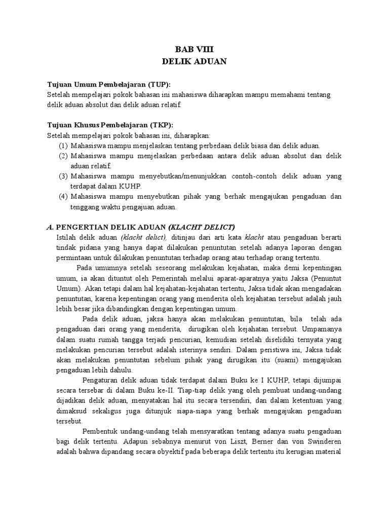 Bab Viii Delik Aduan | PDF | Ilmu Sosial | Hukum