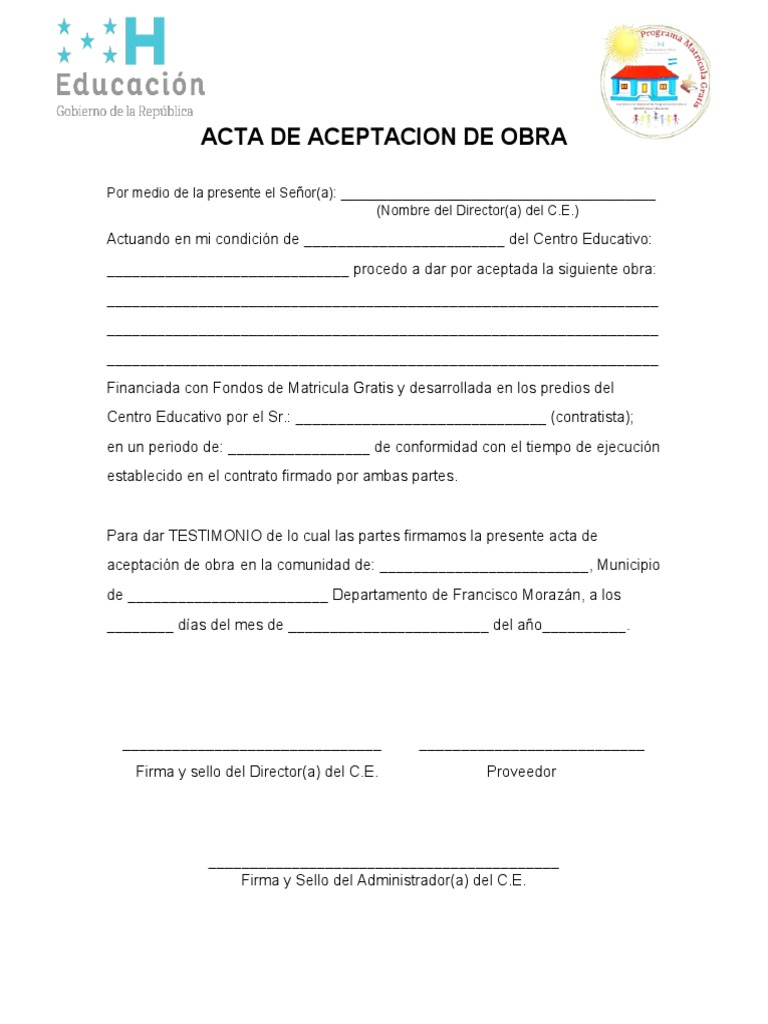 Acta de Aceptacion de Obra | PDF