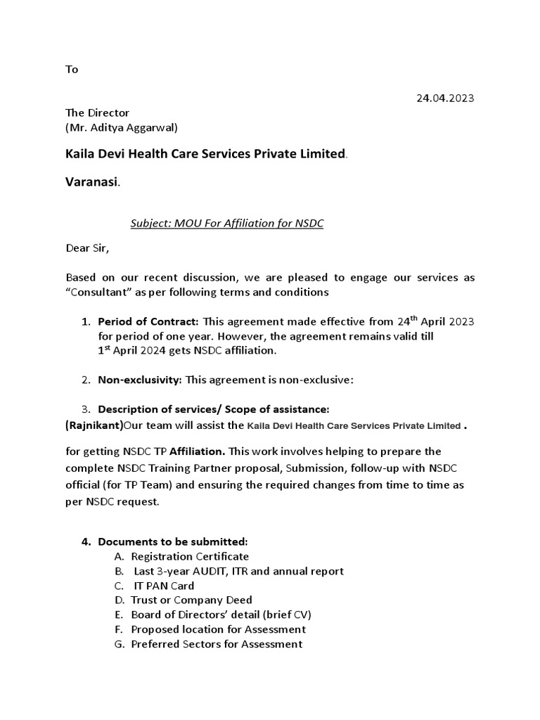 Kaila Devi Health Care Services Private Limited Varanasi: Subject: MOU For Affiliation For NSDC ...
