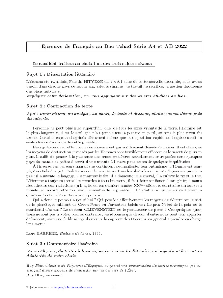 Sujet de Francais Bac A4 Et AB 2022 | PDF