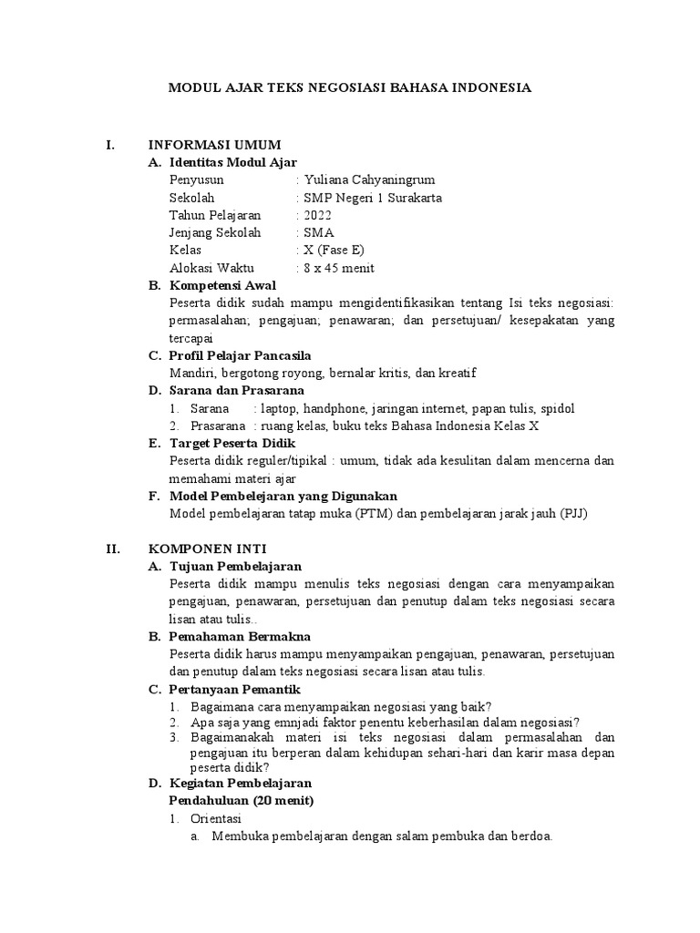 Modul Ajar Teks Negosiasi Bahasa Indonesia | PDF