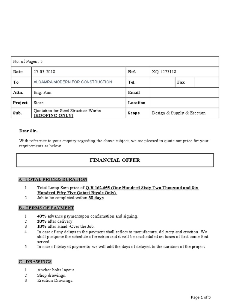 Quotation for Steel Structure Roofing | PDF | Framing (Construction ...