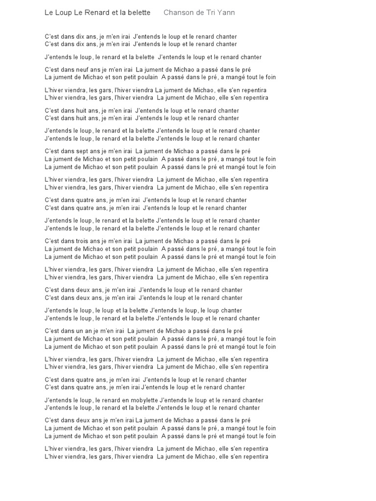 Loup Le Renard Et La Belette Chanson de Tri Yann | PDF | Religion et ...