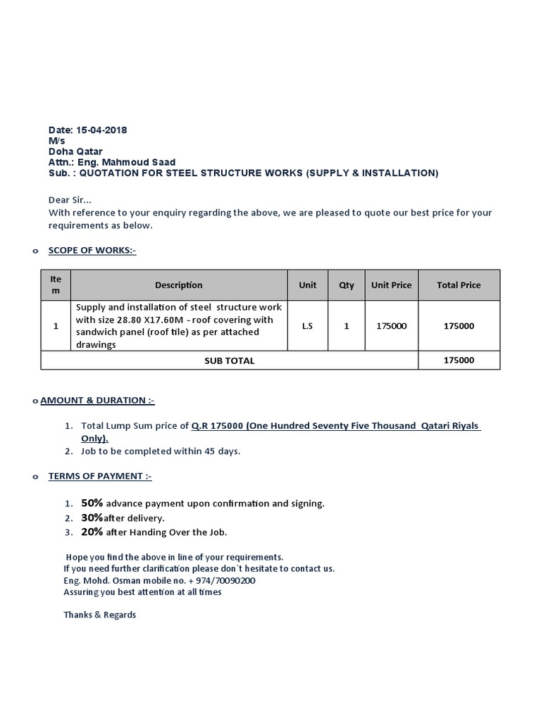 Steel Structure Quotation and Payment Terms | PDF