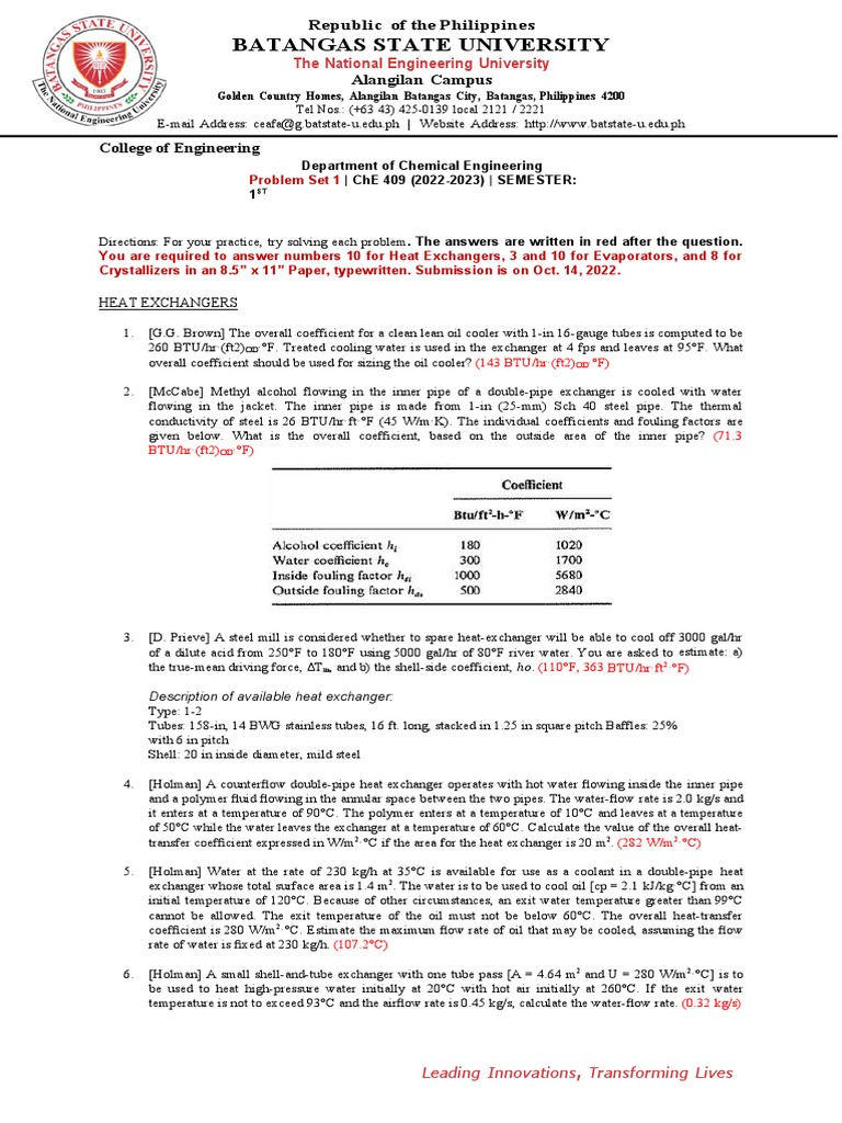 Problem Set 1 | PDF | Crystallization | Heat Exchanger