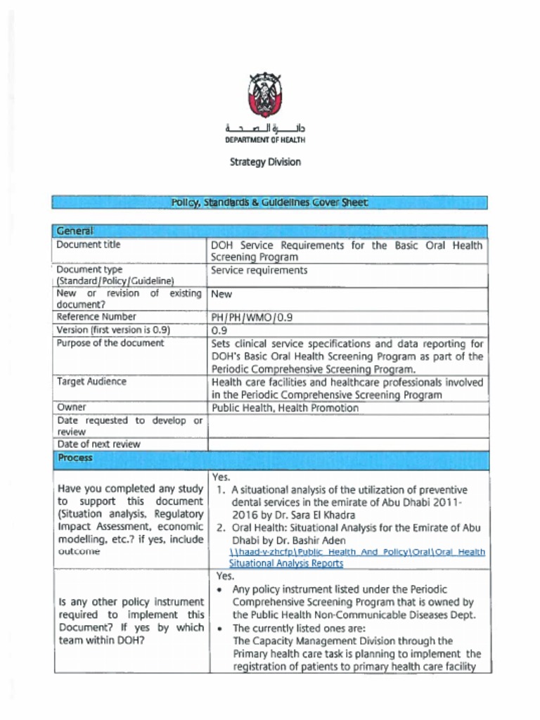Standard - DOH Service Requirements For Basic Oral Health Screening ...