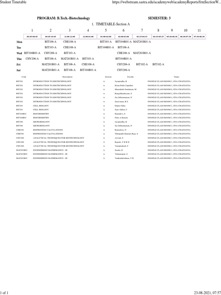 BIOT 3 SEM Timetable | PDF