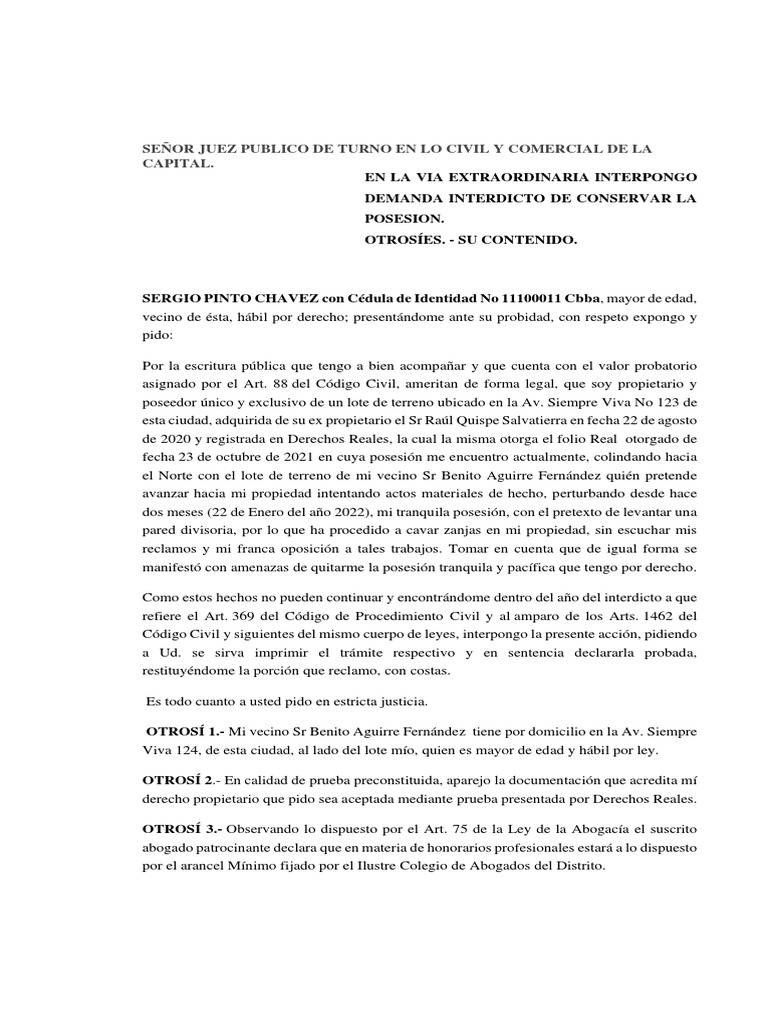 Demanda de Interdicto para Conservar La Posesión | PDF | Gobierno ...