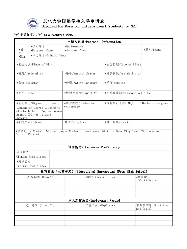 Application Form For International Students To NEU 1 | PDF