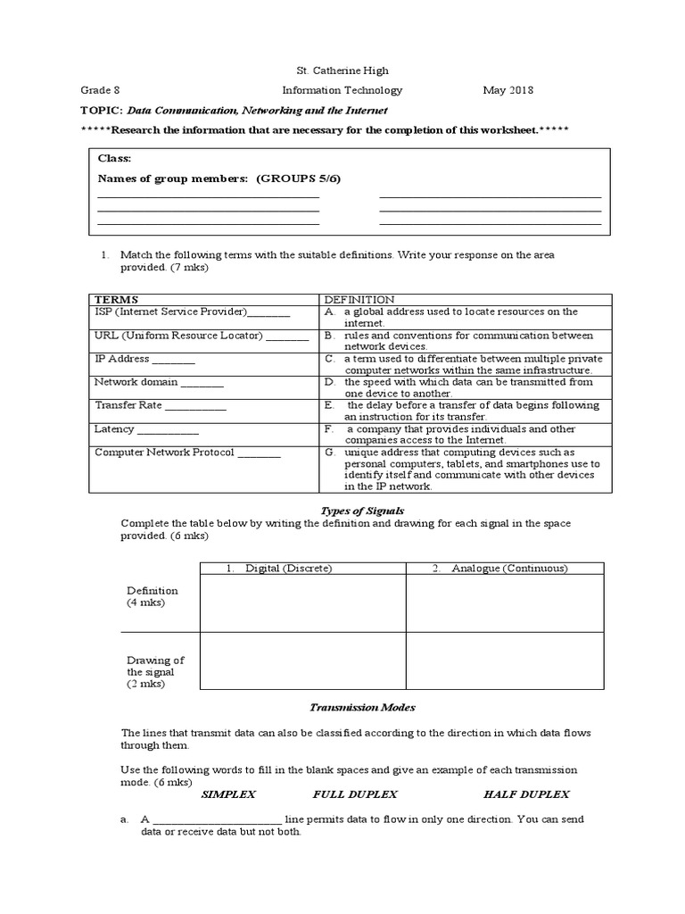 Grade 8 Data Communication Worksheet | PDF | Transmission Medium ...