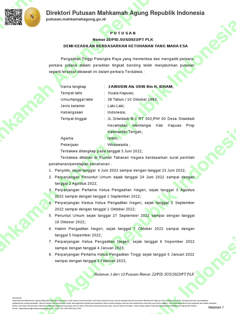 Putusan 22 Pid - Sus 2023 PT PLK 20230209072739 | PDF